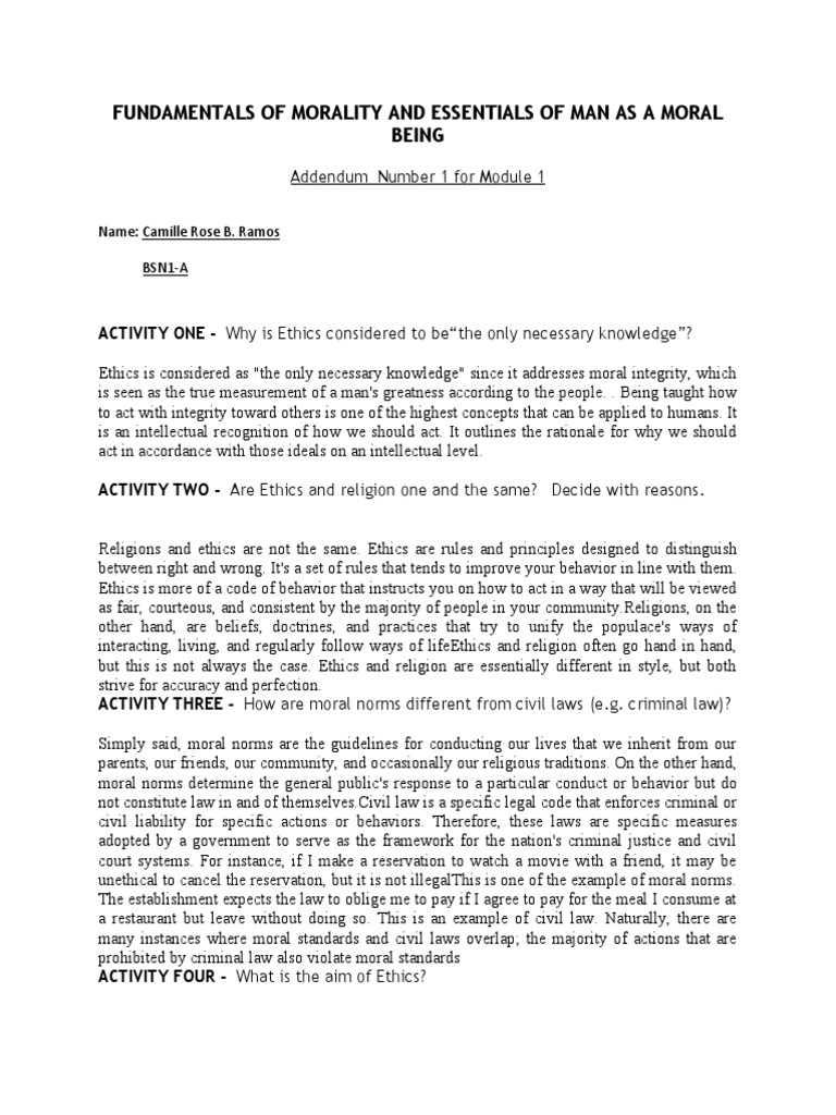 Addendum Number 1 For Module 1 - Camille Ramoss | PDF | Morality ...