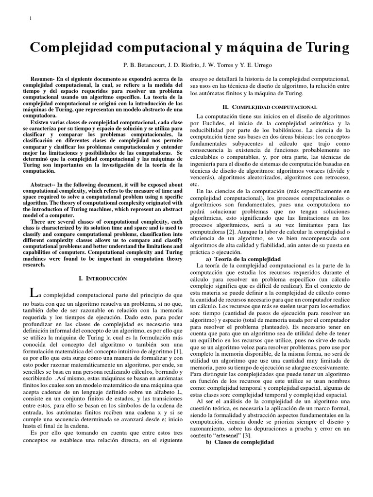 Complejidad Computacional y Máquina de Turing | PDF | Teoría de la complejidad computacional ...