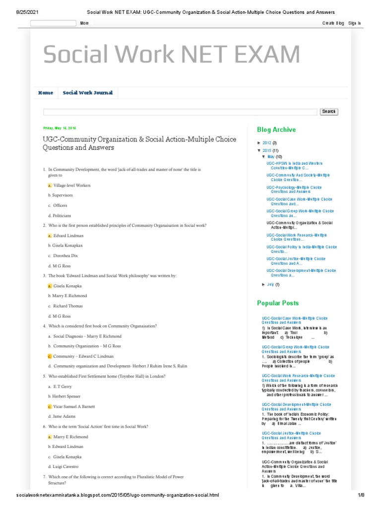 Social Work NET EXAM - UGC-Community Organization & Social Action-Multiple Choice Questions and ...