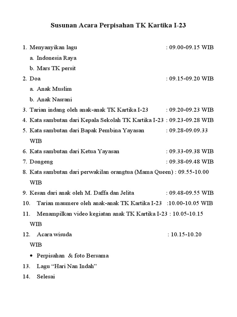 Susunan Acara Perpisahan TK Kartika I-23 | PDF