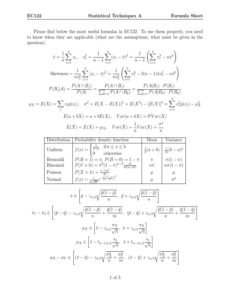 Formula Sheet | PDF | Measure Theory | Mathematics