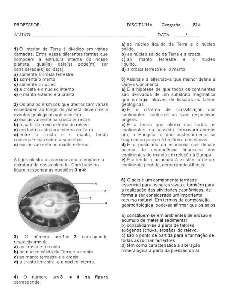 Atividade Estrutura Da Terra EJA | PDF | Terra | Crosta (Geologia)