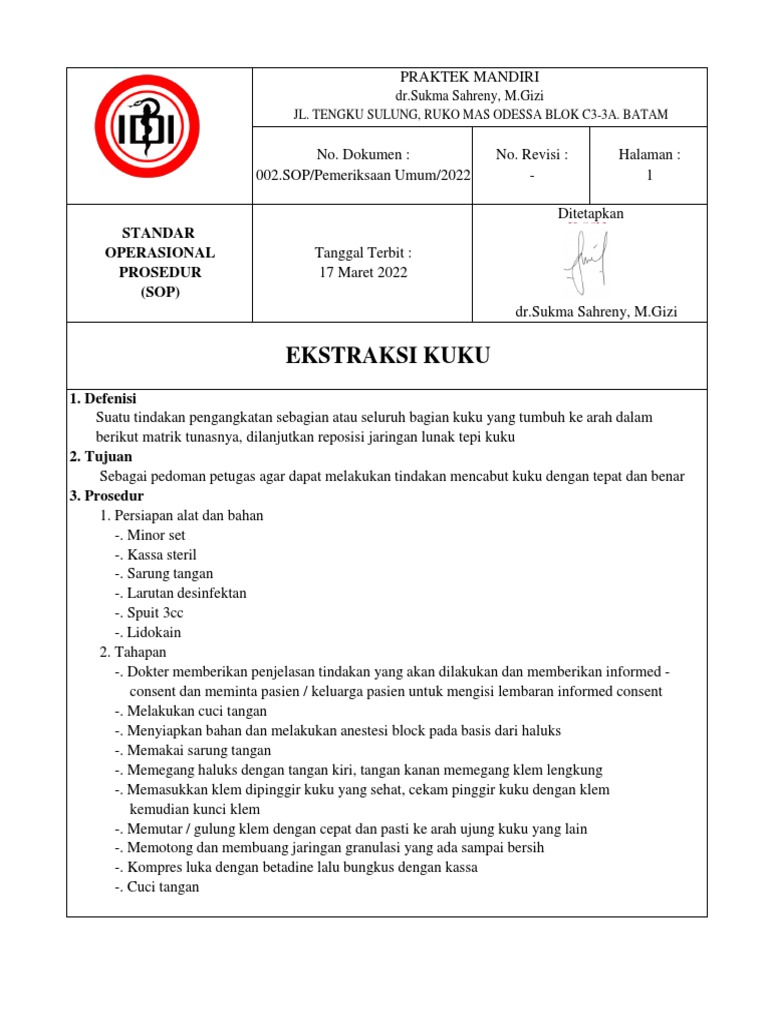 Ekstraksi Kuku: Standar Operasional Prosedur (SOP) | PDF