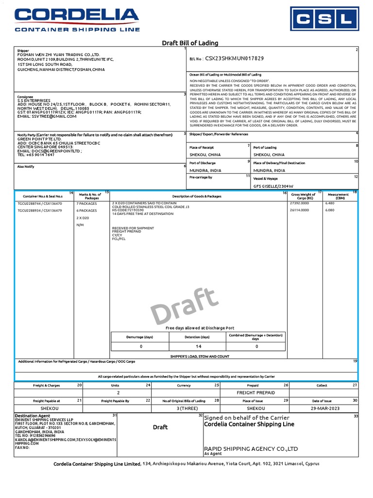 Bill of Lading | Download Free PDF | Cargo | Bill Of Lading