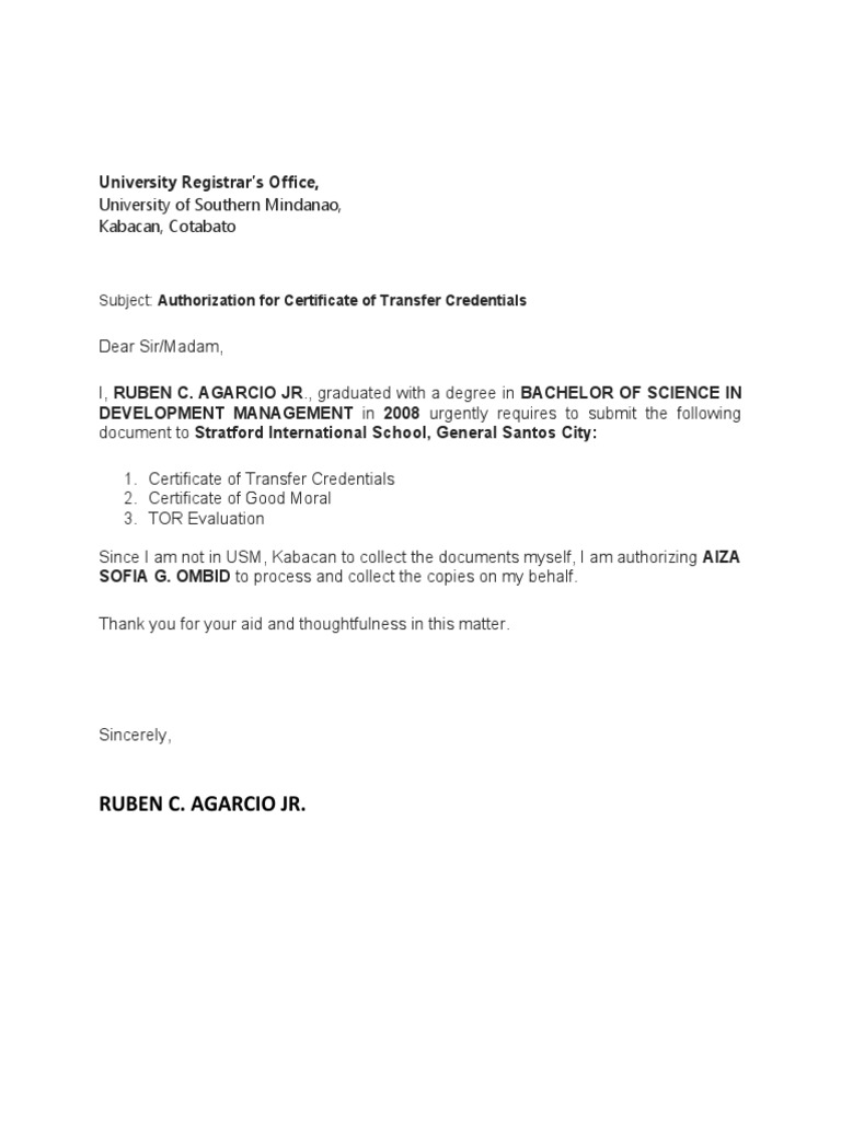 Autorization For Certificate of Transfer Credentials | PDF