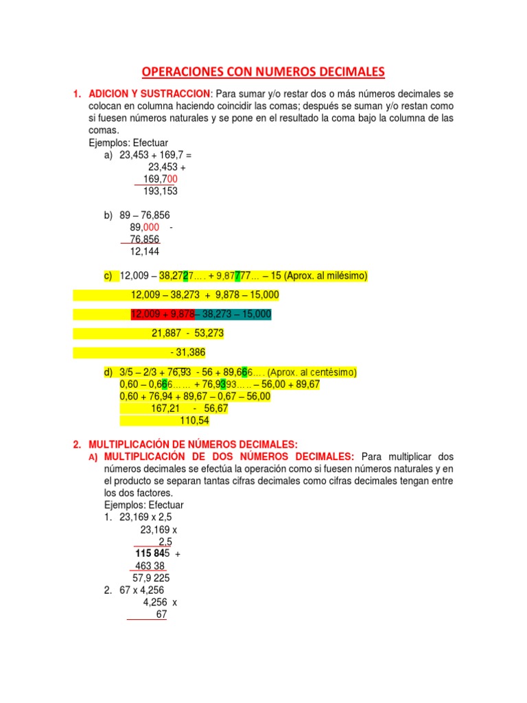 Operaciones Con Numeros Decimales | PDF | Decimal | Multiplicación