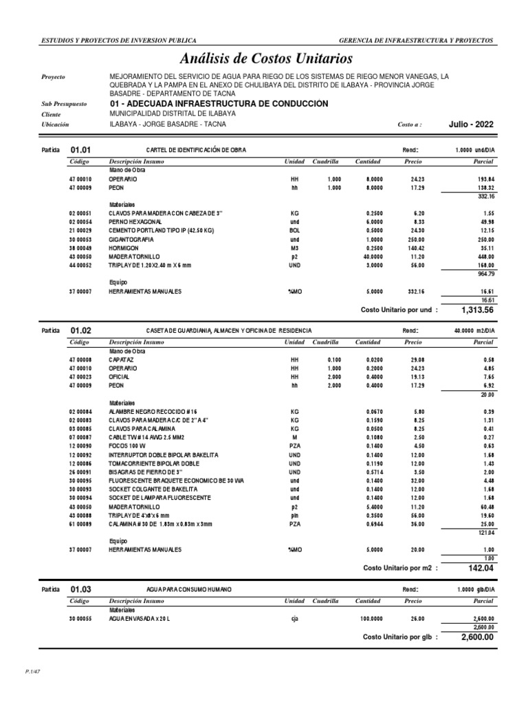 ACU Componente 01 | PDF | Presupuesto