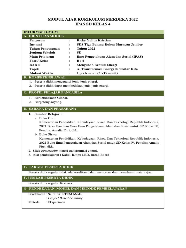 Modul Ajar Kurikulum Merdeka 2022 Ipas SD Kelas 4 | PDF | Karier & Perkembangan