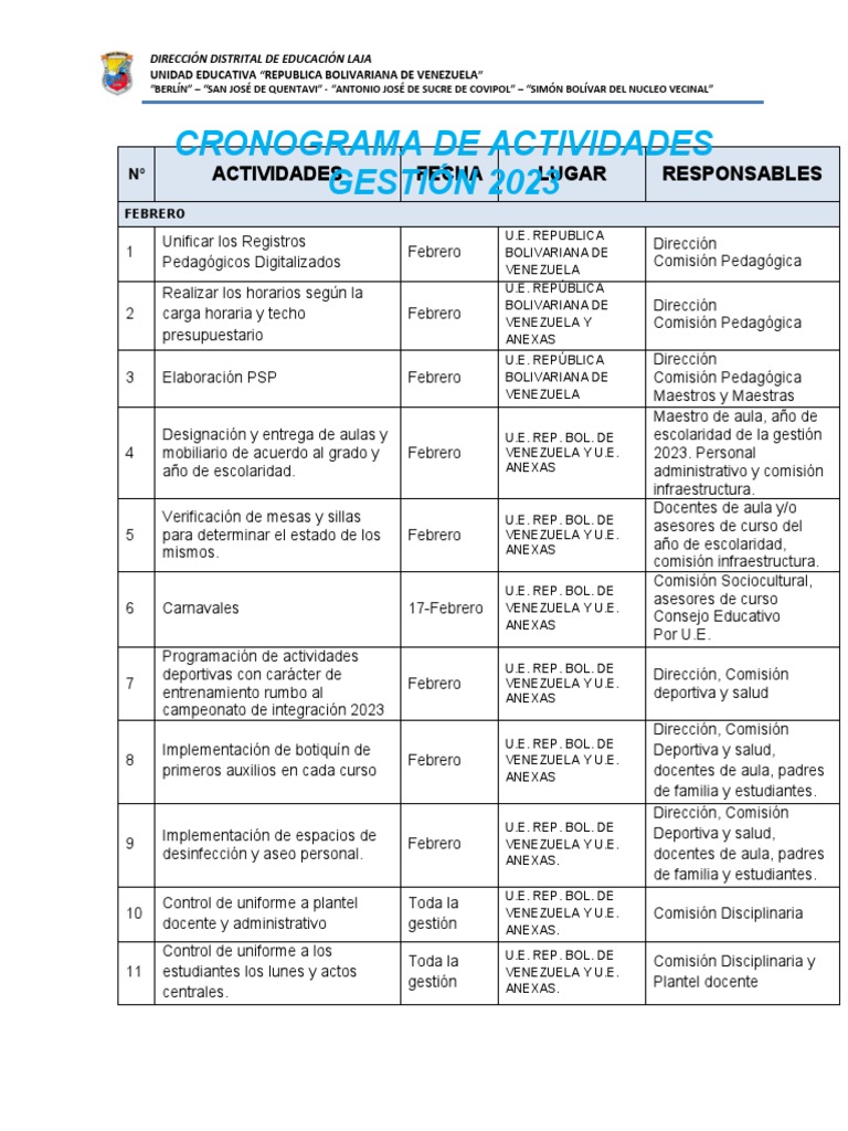 Cronograma Actividades Primaria 2023 | PDF | Venezuela