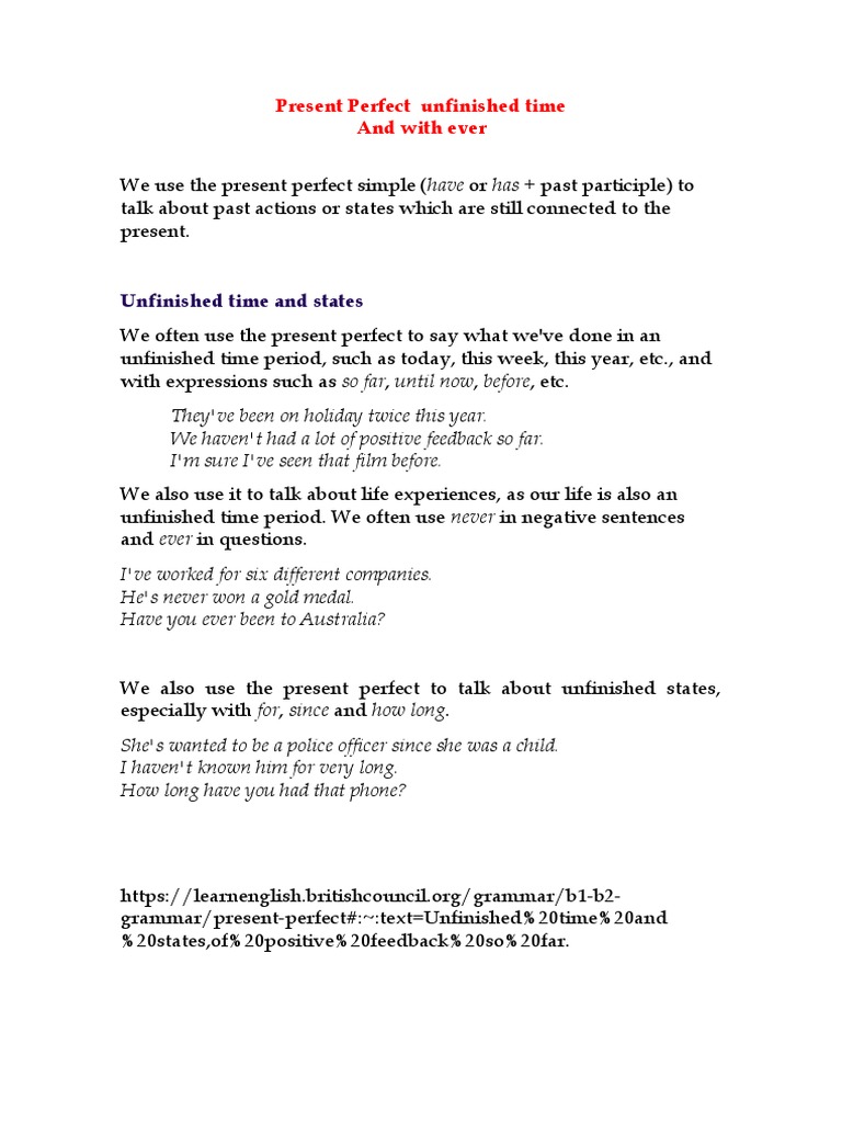 Present Perfect Unfinished Time | PDF | Perfect (Grammar) | Grammatical ...