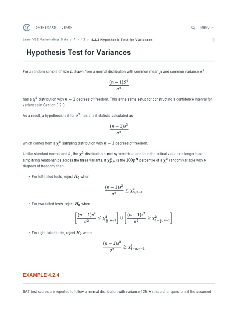 Hypothesis Test For Variances | PDF