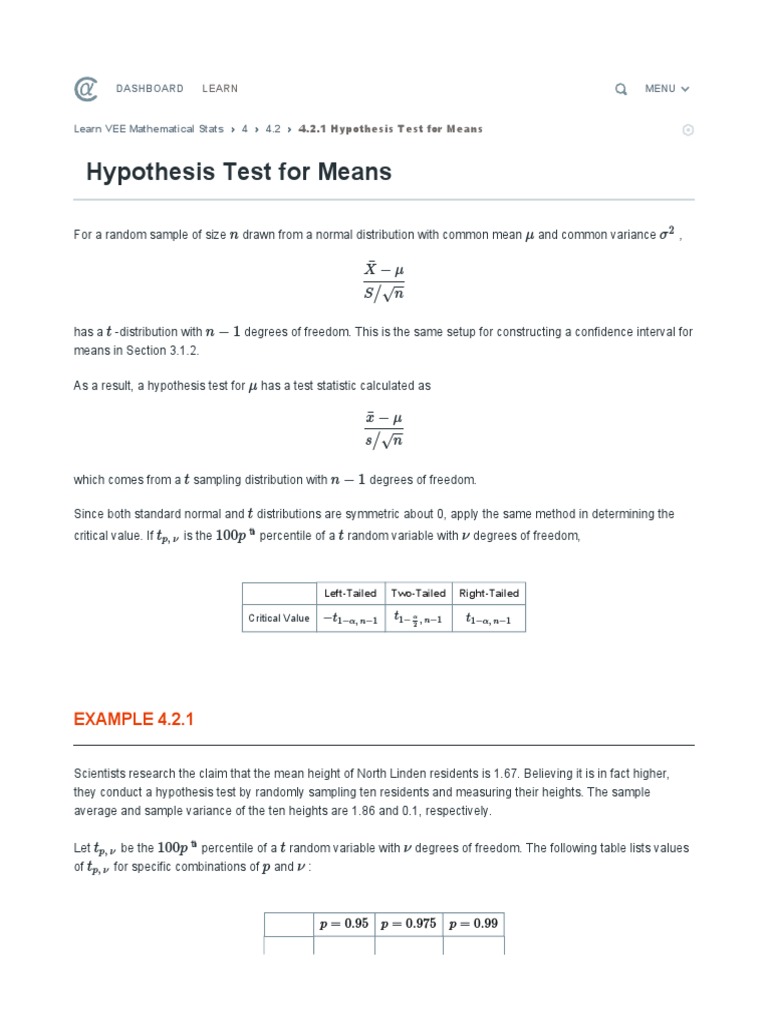 Hypothesis Test For Means | Download Free PDF | Normal Distribution ...