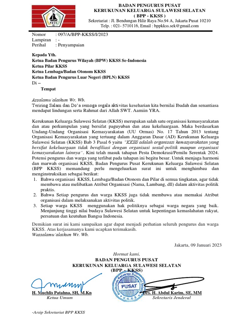 Surat Penyampaian BPP KKSS Tentang Pemilu 2024 | PDF