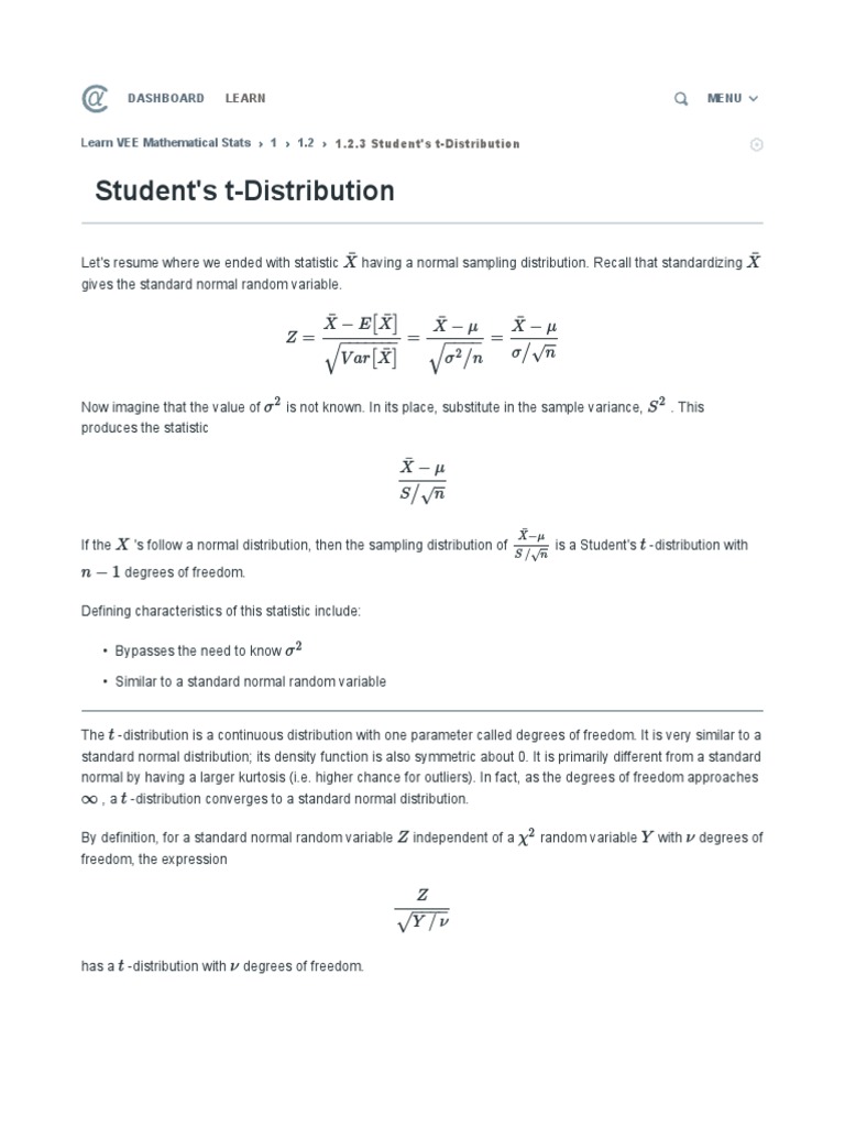 Student's T Distribution | PDF | Normal Distribution | Degrees Of ...