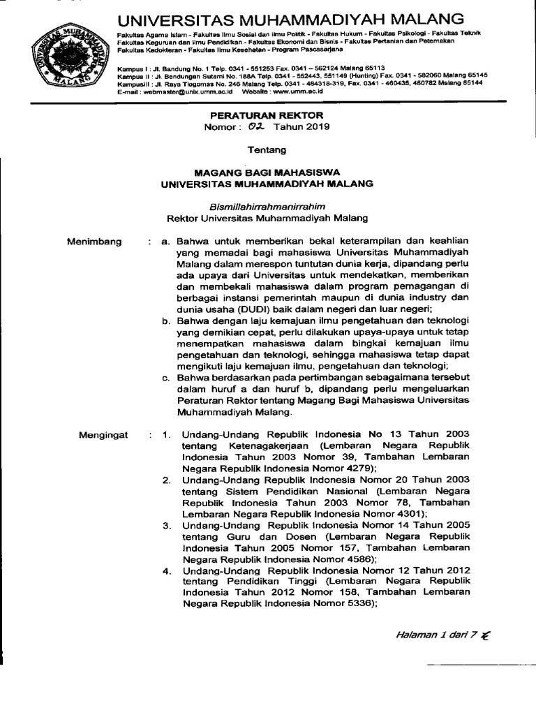 Peraturan Rektor Magang Bagi Mahasiswa UMM | PDF