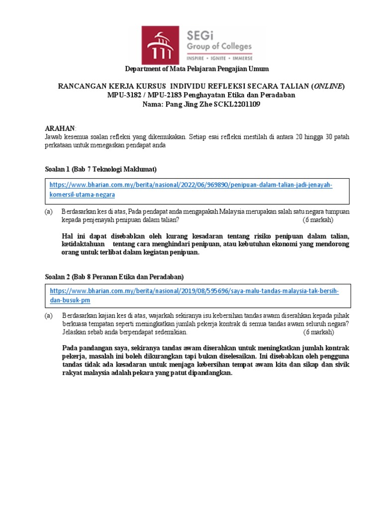 Mpu3182 Mpu2183 Refleksi - Pang Jing Zhe - sckl2201109 | PDF | Ilmu Sosial
