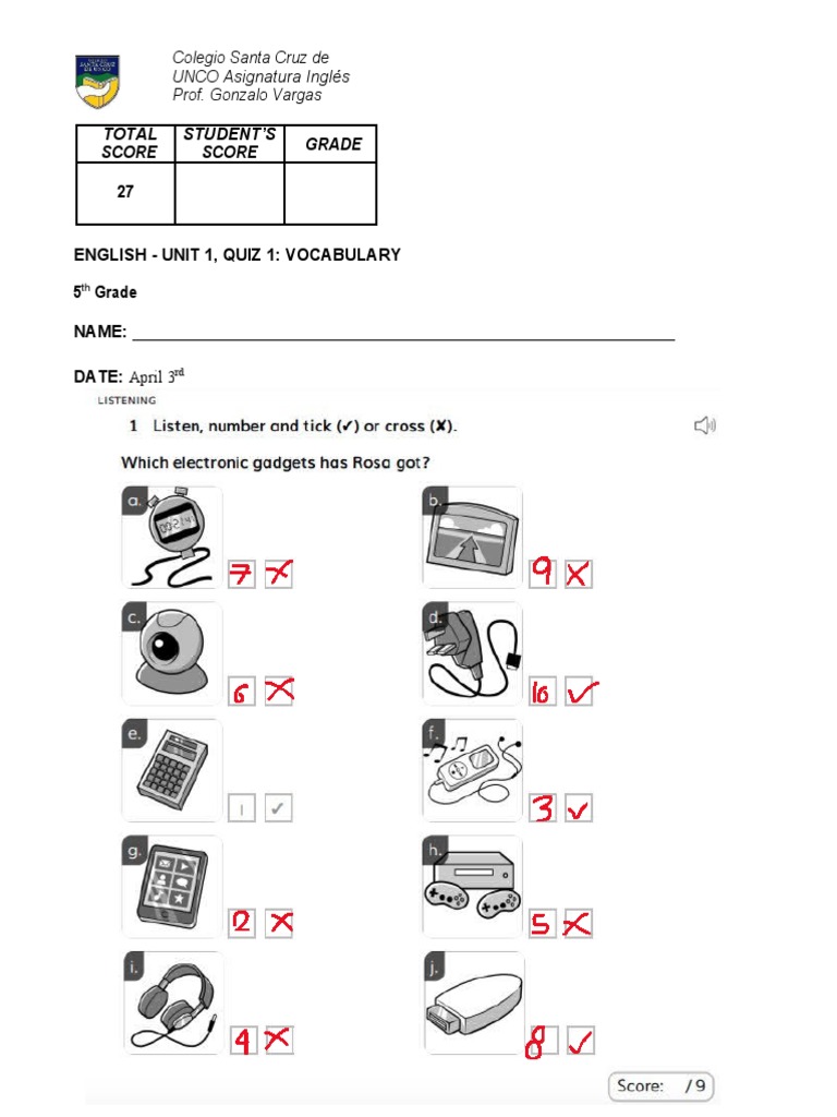 (Luciano Rodriguez) 5TH Grade - Quiz 1 - Unit 1 - Vocabulary | PDF