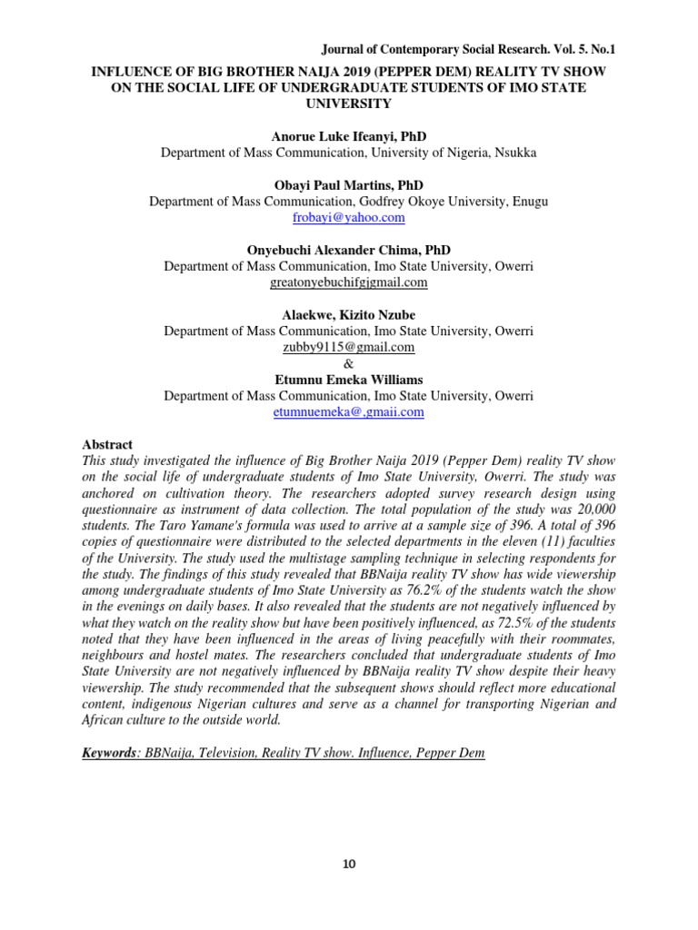 BBNaija 2019's Impact on Imo Students | PDF | Psychological Concepts