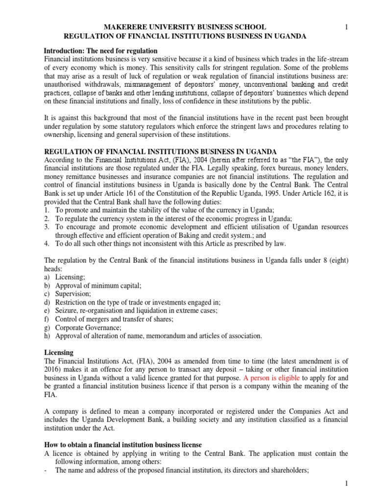 Regulation of Financial Institutions Uganda | PDF | Banks | License