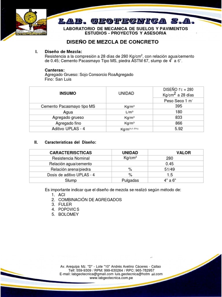 6 Diseños de Mezcla de Concreto FC 280 Con Cemento MS | PDF | Hormigón ...