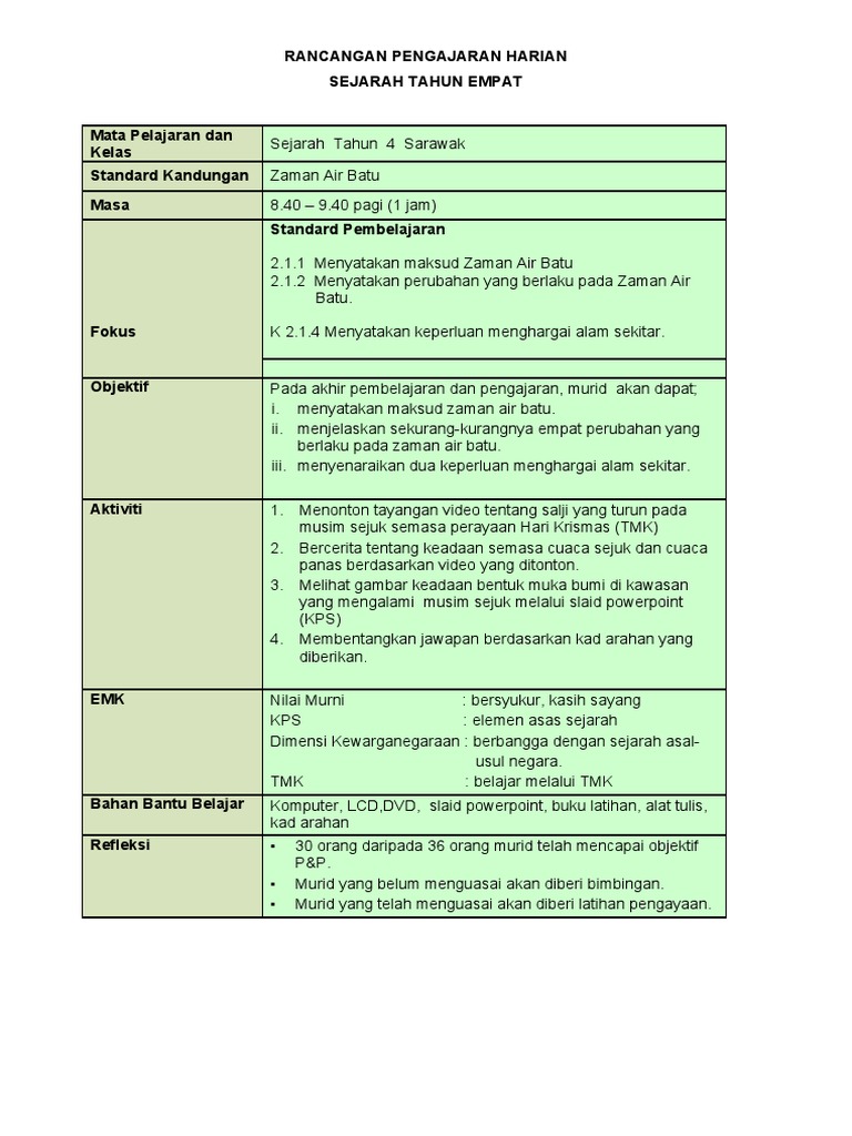 CTH RPH Zaman Air Batu Sejarah Tahun4 | PDF