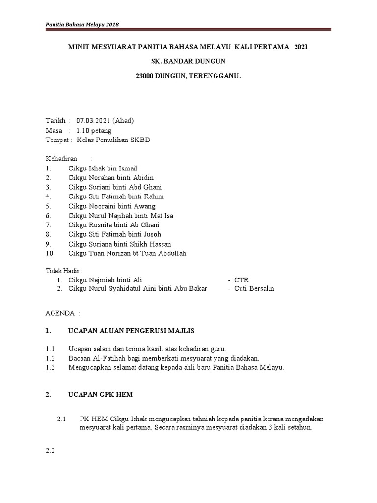 MINIT MESYUARAT PANITIA BAHASA MELAYU KALI Pertama 2018 | PDF