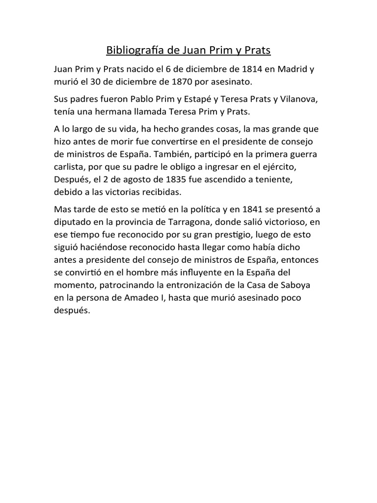 Bibliografía de Juan Prim y Prats | PDF