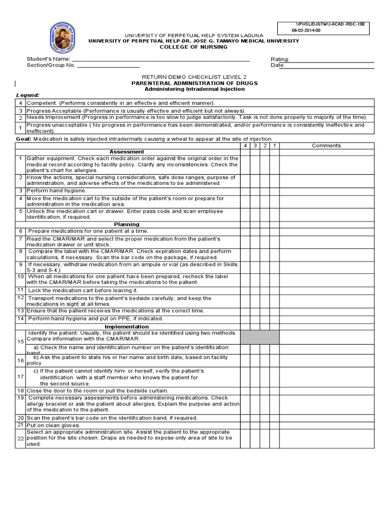 Checklist On Intradermal Injection | PDF | Injection (Medicine) | Patient
