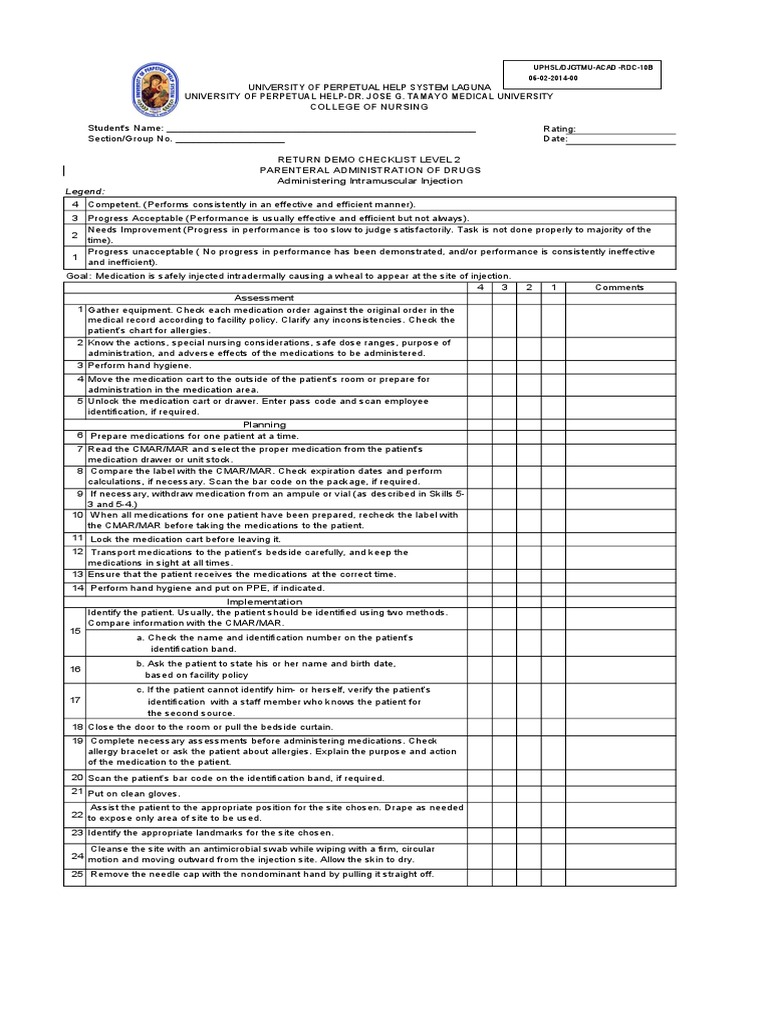 Checklist On Intramuscular Injection | PDF | Injection (Medicine ...
