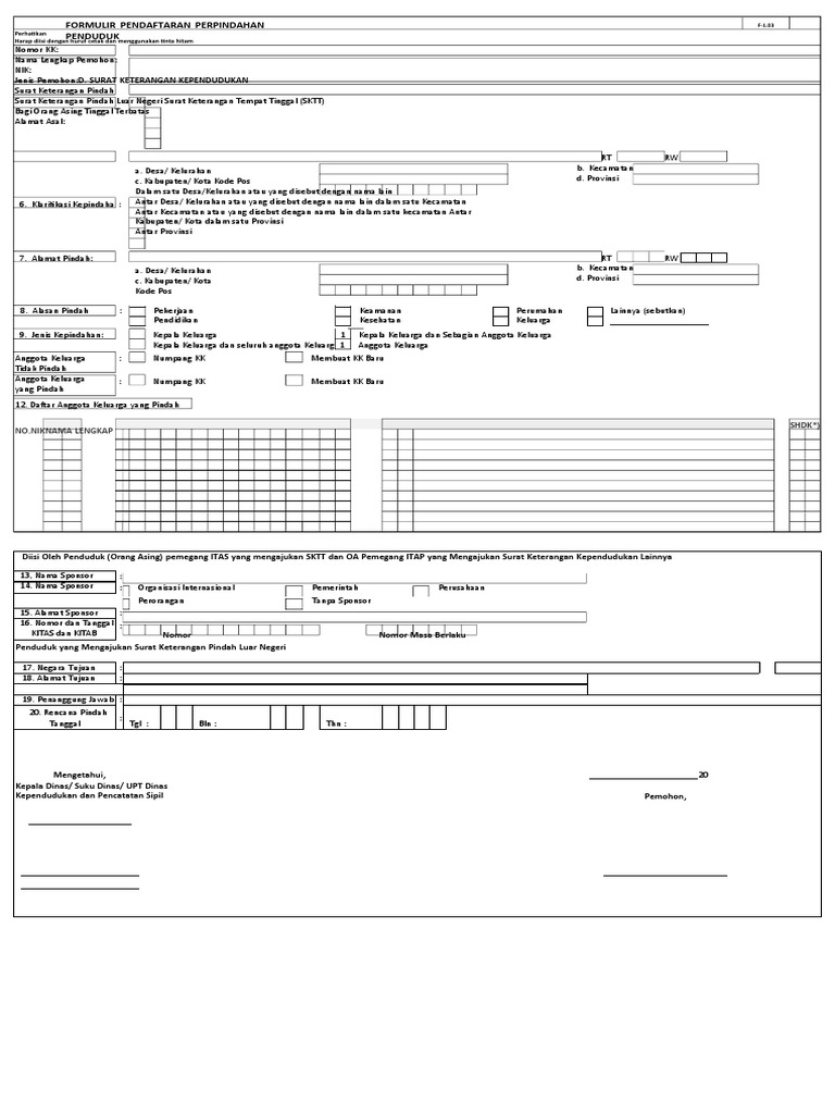 Formulir Form F-1.03 Pendaftaran Perpindahan Penduduk PDF (1) | PDF