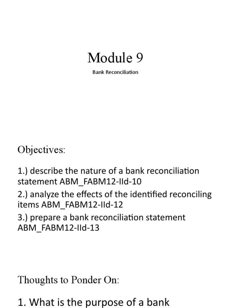Module 9. Bank Reconciliation | PDF | Cheque | Banks