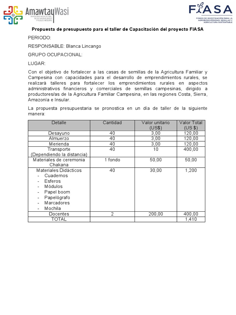 Propuesta de Presupuesto para El Taller de Capacitación Del Proyecto ...