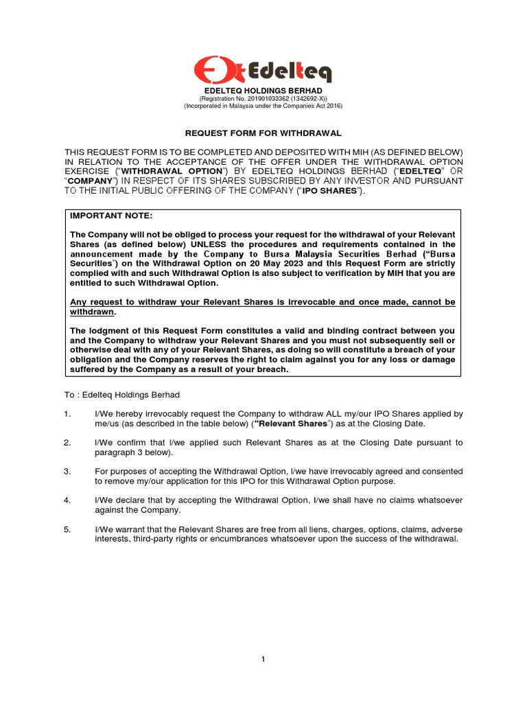 Edelteq IPO Shares Withdrawal Request Form | PDF | Securities (Finance ...