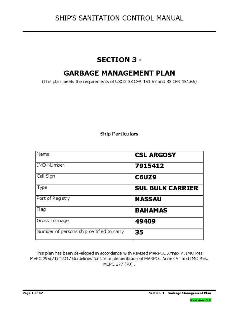 Ship Garbage Management Plan Overview | PDF | Waste | Incineration