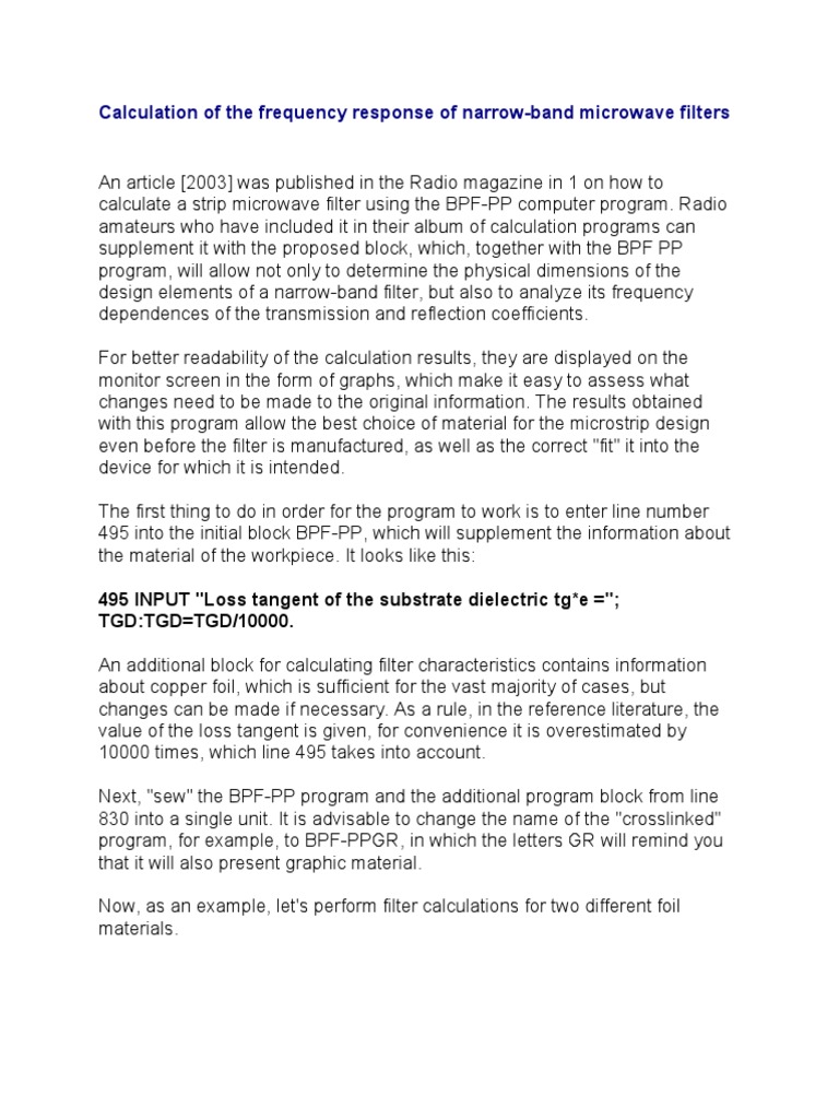Calculation of The Frequency Response of Narrow-Band Microwave Filters | PDF | Filter (Signal ...
