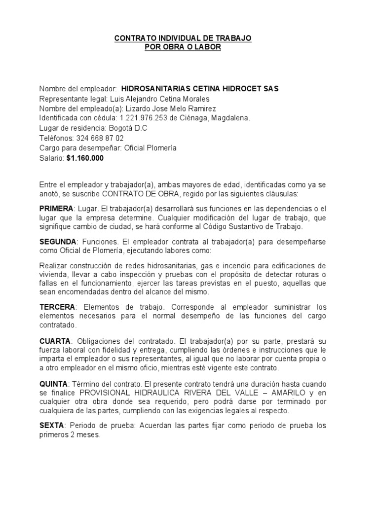 Contrato de Trabajo: Melo Ramírez - Hidrocet | PDF | Salario | Salario ...
