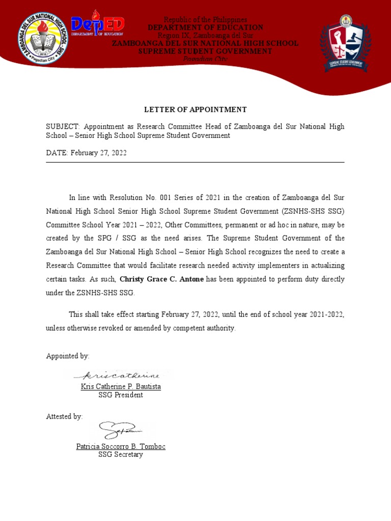 LETTER OF APPOINTMENT - SSG Research Committee | PDF