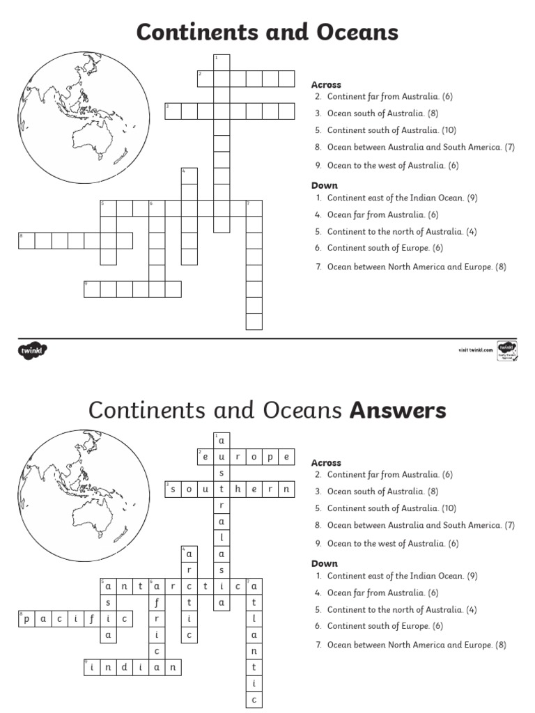 Continents and Oceans Crossword English Australian Ver 1 | PDF ...