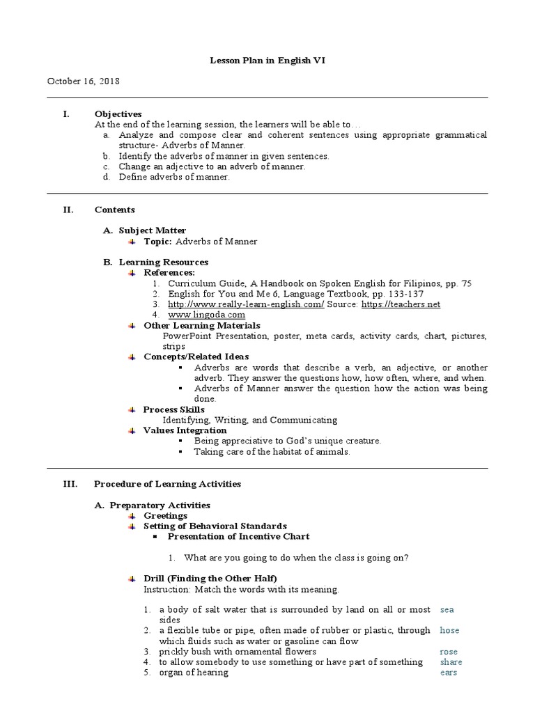 Grade 6 Adverb of Manner Lesson Plan | PDF | Adverb | English Language
