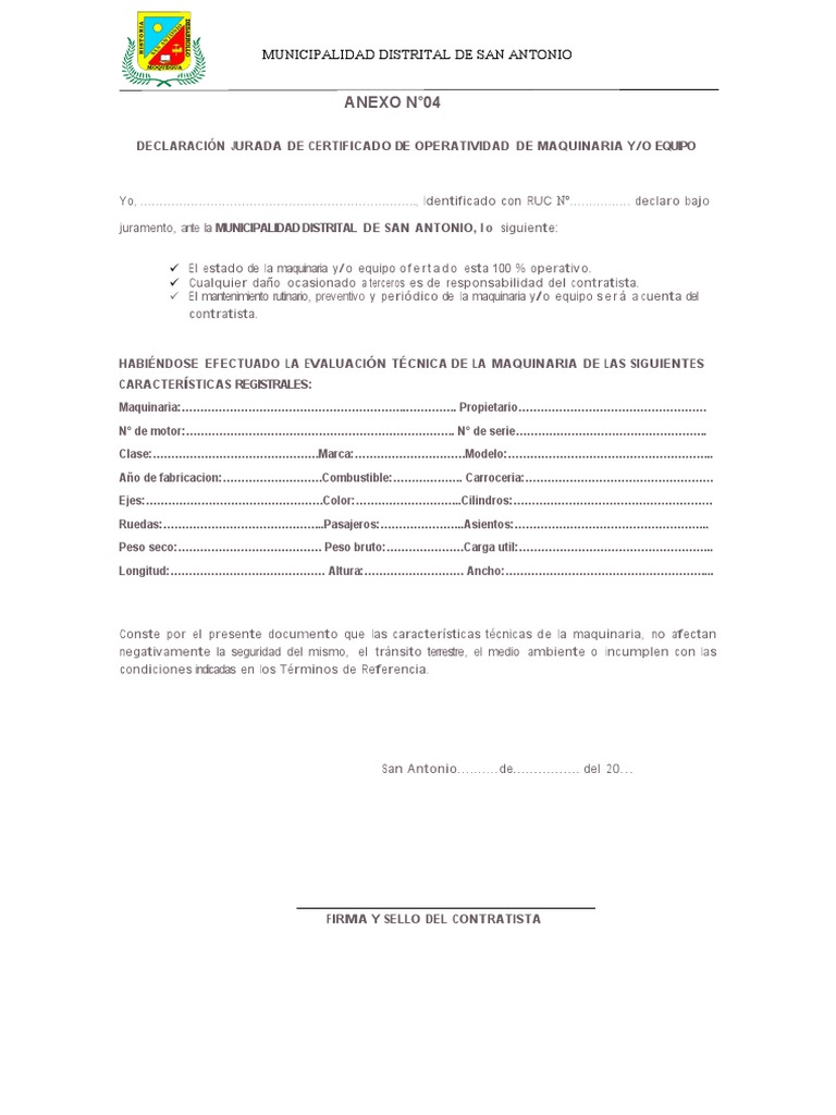 Anexo #04 Declaracion Jurada de Certificado de Operatividad de Maquinaria o Equipo | PDF ...