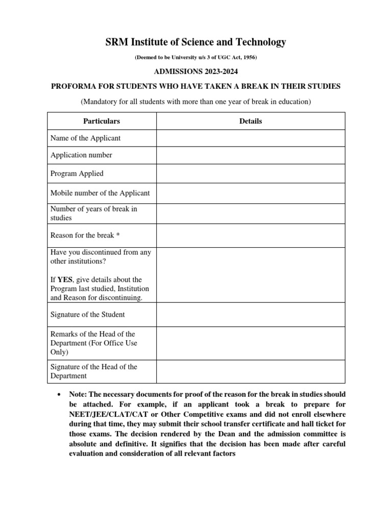 Proforma For Students Who Have Taken A Break in Their Studies | PDF