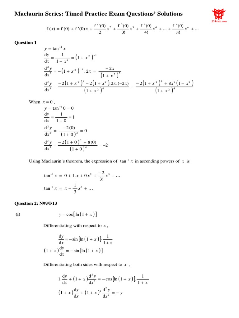 Maclaurin Series Timed Practice Exam Questions Solutions | PDF
