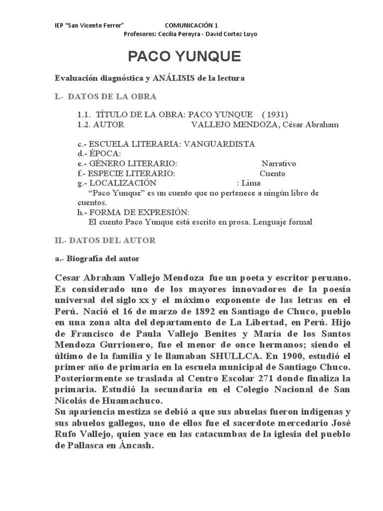 Paco Yunque Esquema Análisis | PDF