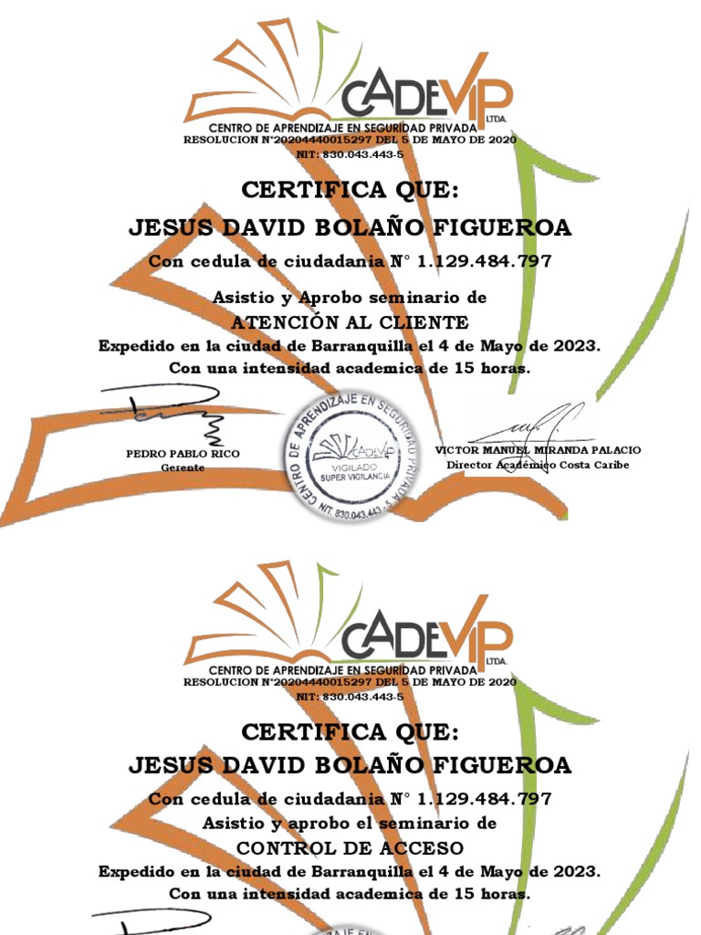 CERTIFICADO 1129484797 CADEVIP 5 Certificados JESUS BOLAÑO | PDF ...