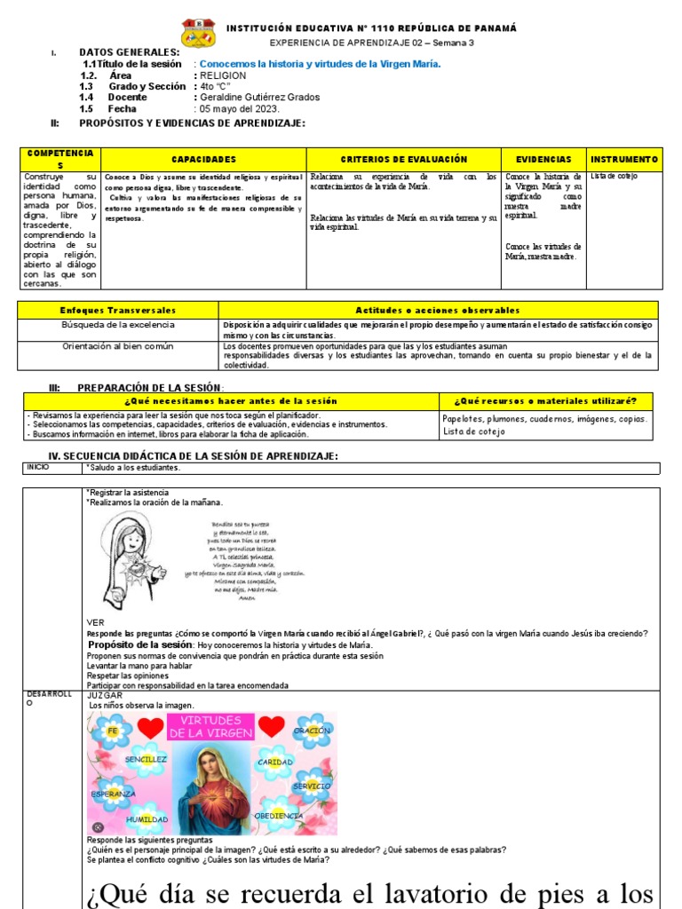 RELIGION Conocemos La Historia y Virtudes de La Virgen María. Sesion | PDF | María, madre de ...