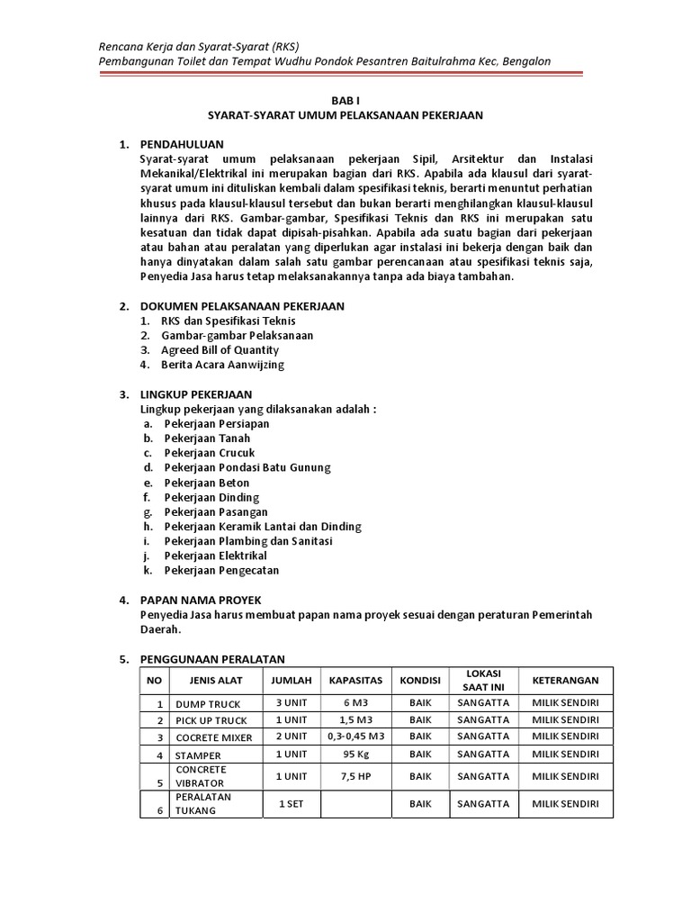 RKS Pembangunan Toilet Dan Tempat Wudhu Pondok Pesantren Baitulrahma Kec. Bengalon Rev 1 | PDF