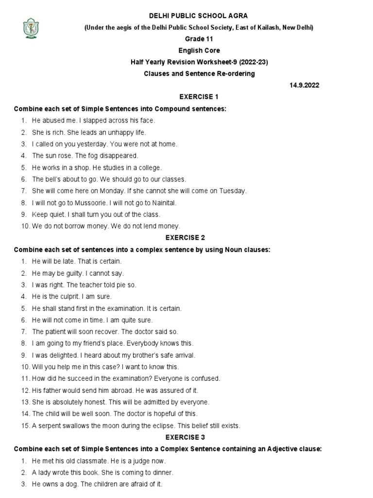 XI Revision Worksheet9 Clauses and Sentence Reordering | PDF ...