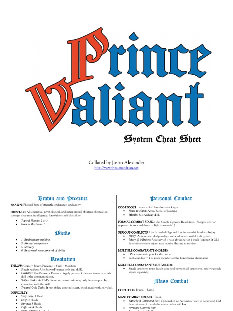 Prince Valiant RPG Cheat Sheet | PDF | Cavalry | Fortification