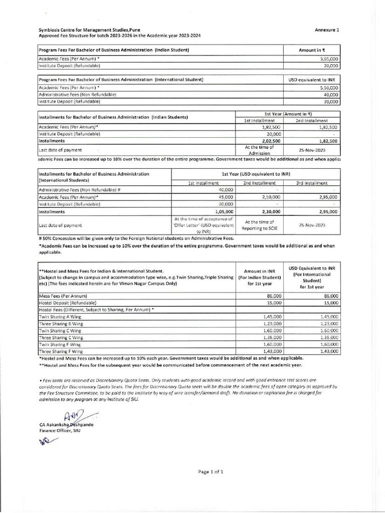 SCMS Pune UG Fee Approval Letter A Y 2023-2024 | PDF