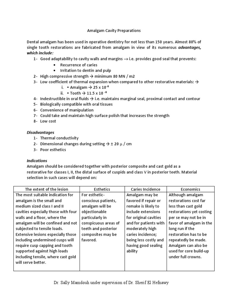 Amalgam Cavity Prepartion Final handout | PDF | Tooth Enamel | Tooth